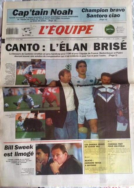 L'EQUIPE JOURNAL 30/10/1990; Cantona l'élan brisé/ Santoro/ Bill Sweek ...