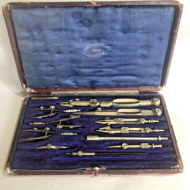 VINTAGE BRASS DRAWING Instruments Compass' etc. Cased Set +/- 24 x 14cm ...