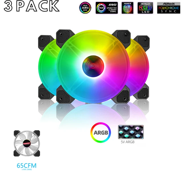 3 PACK ARGB LED Computer Case Fan PC Cooling Fan 120mm Addressable RGB ...