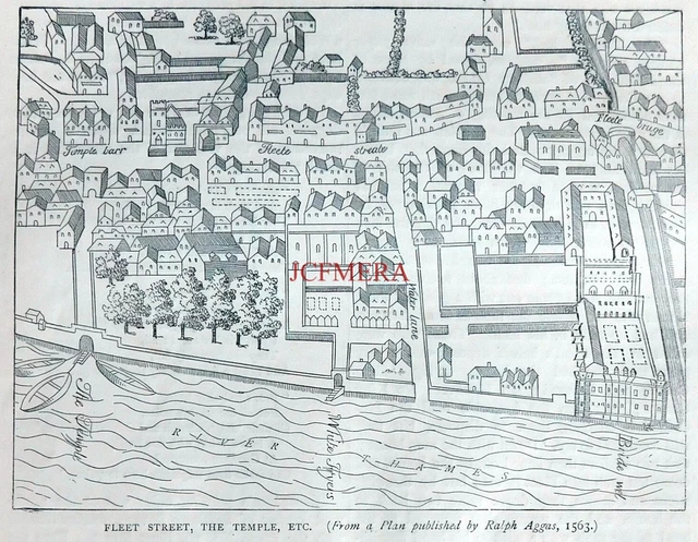 'MAP, FLEET ST & the TEMPLE in 1563', Antique 1890s 'Old London' Print ...