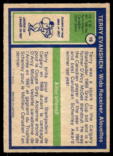 1972 O-PEE-CHEE CFL Terry Evanshen Montréal Alouettes #19 EUR 7,64 ...