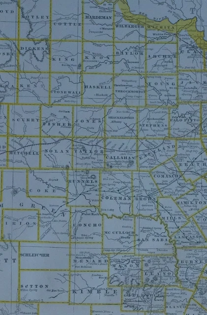 1890 ORIGINAL USA State Map Western Portion Texas Howard Upton Baylor ...