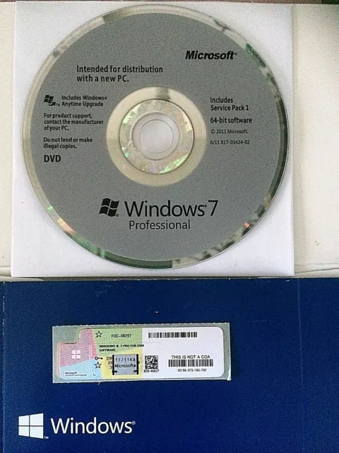 WINDOWS 7 PRO 64bit Sp1 format DVD Certificat d'authenticité COA langue ...