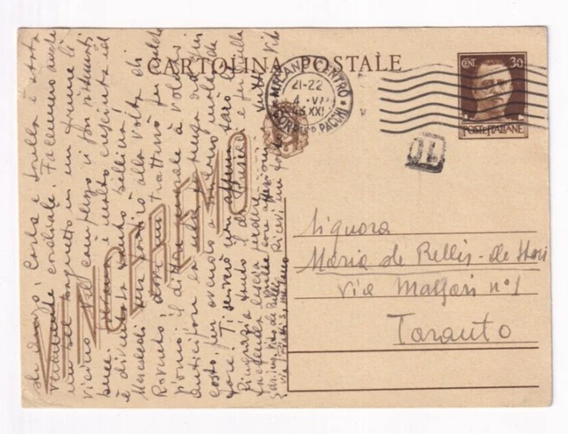 CARTOLINA POSTALE ITALIANA Storia Intero Postale Vinceremo Taranto 1943 ...