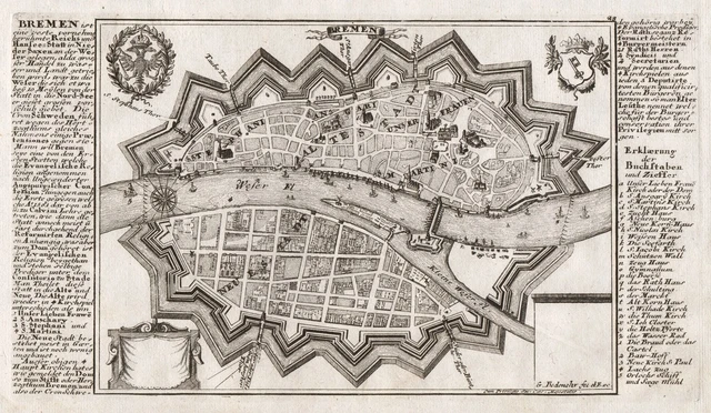 BREMA MAPPA CITTÀ Plan Bodenehr Rotocalco Incisione Engraving 1720 EUR ...