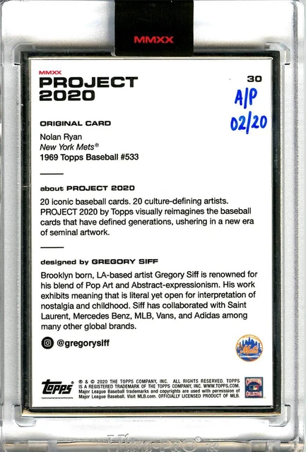 TOPPS PROJECT 2020 NOLAN RYAN SIFF ARTISTE ÉPREUVE AP 02/20 cadre ...