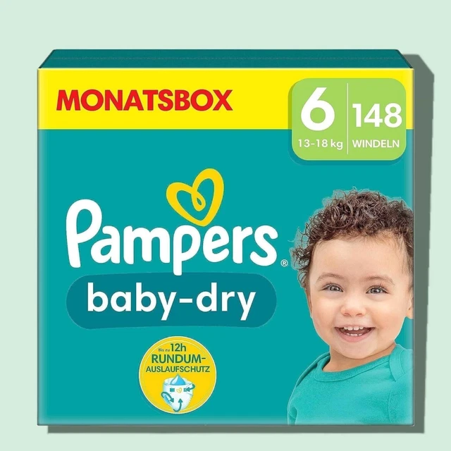 PAMPERS WINDELN GRÖSSE 6 (13-18kg) Baby-Dry, Extra Large, MONATSBOX 148 ...