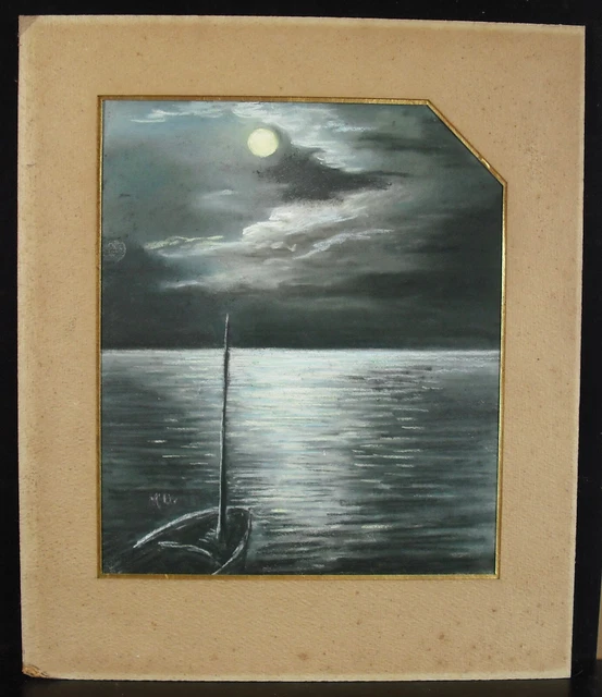 BARQUE ET PLEINE lune dessin à l'aquarelle encadr Pierre Bouchet Bordeaux c 1930 EUR 90,00 ...