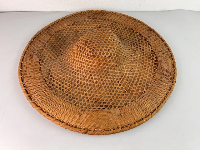 VINTAGE ASIAN CONICAL Hat Chinese Coolie Rice Paddy Framer Straw Bamboo ...