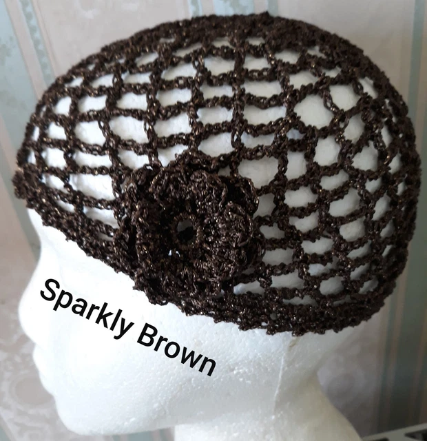 SPARKLY DARK BROWN LUREX SKULL CAP HAT Crochet 70s 20s Fancy Dress ...