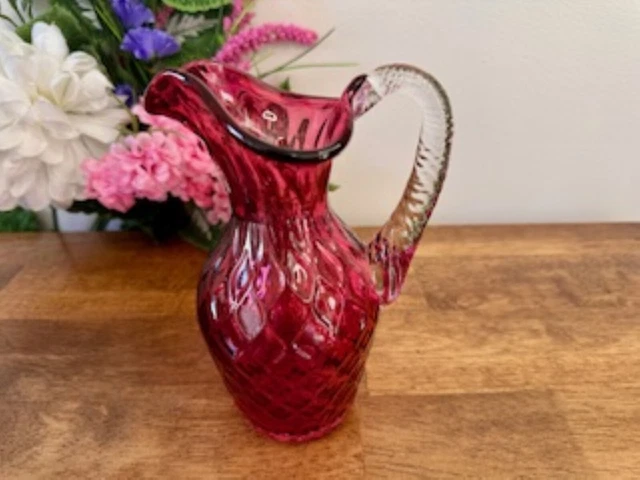 VINTAGE CRANBERRY GLASS Pitcher Diamond Quilted Pattern Twisted Clear ...
