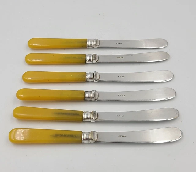 6X VINTAGE SILVER Plated EPNS Tea Butter Knives Celluloid Handles Set ...