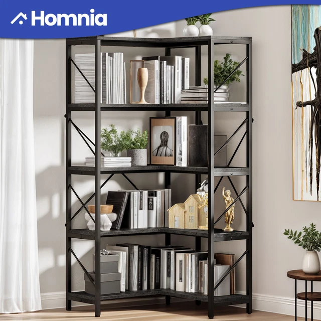 5 TIER CORNER Bookcase Bookshelf Industrial Wooden Storage Display Rack ...