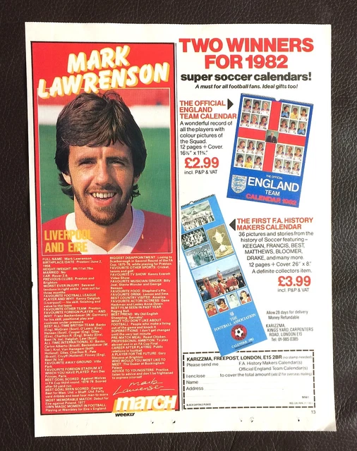 MARK LAWRENSON POSTER - A4 size - from Match magazine 1980's ...