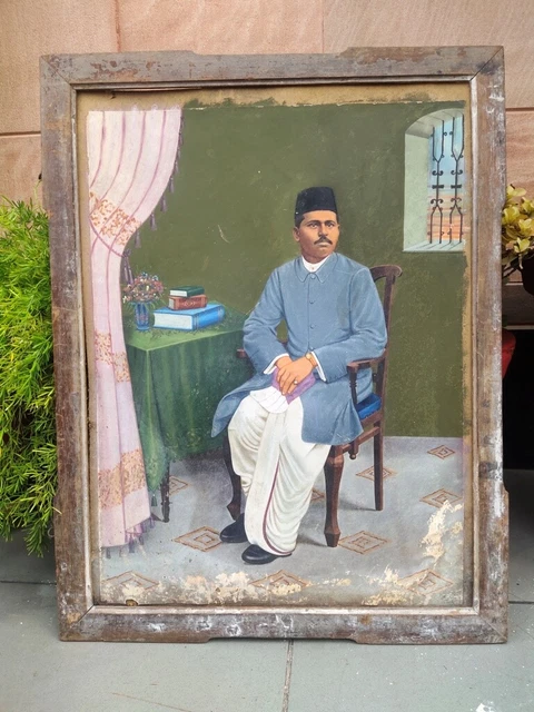 LARGE INDIAN MAN Seated Realistic Portrait Oil Painting Framed Old ...
