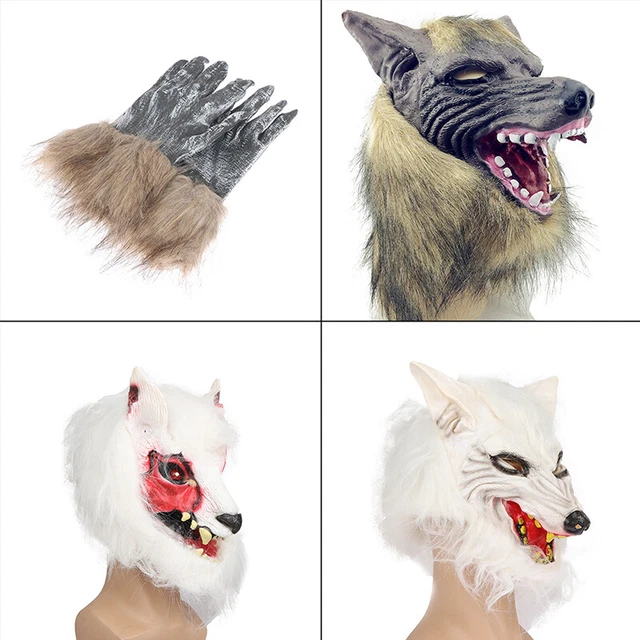 HALLOWEEN WOLF HEAD Hair Mask Werewolf Claws Gloves Costume Party Scary ...