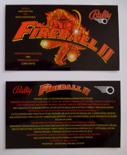 * 'FIREBALL II' Bally 1981 Custom Instruction/Apron Cards * (New) £8.52 ...