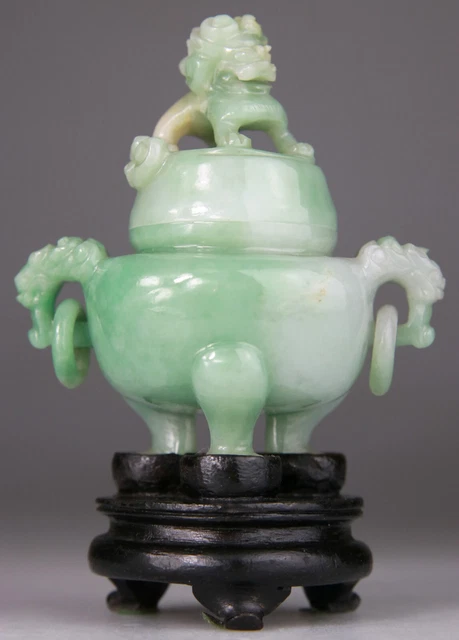 ANTIQUE CHINESE JADE Jadeite Apple Green Censer Vase Carved Wood Stand ...