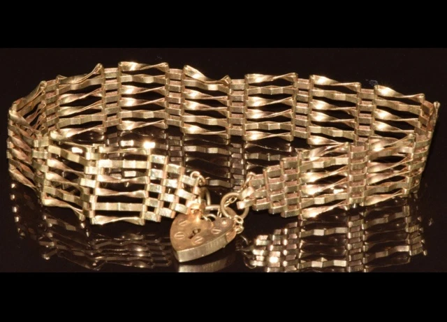 9CT GOLD GATE Bracelet With Heart Padlock clasp and safety chain 7inch ...