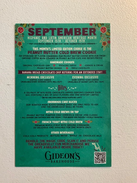 DISNEY SPRINGS GIDEONS Bakehouse Sept 2022 Menu Card Frida Kahlo ...