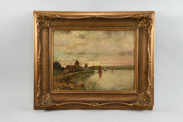 M33L26- GEMÄLDE, HOLLANDLANDSCHAFT mit Mühle & Booten, sign. Sedlmeier (?) £42.83 - PicClick UK