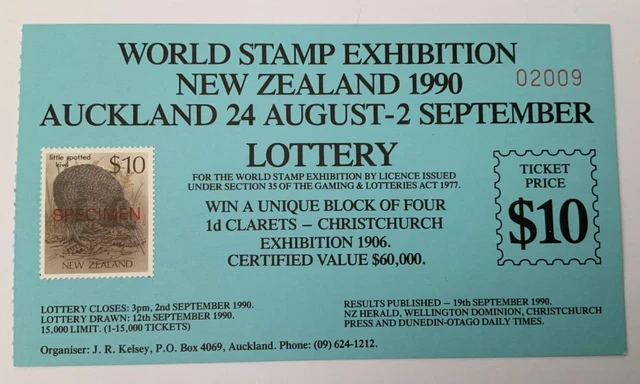 NEW ZEALAND 1990 World Stamp Exhibition lottery Ticket specimen stamp ...