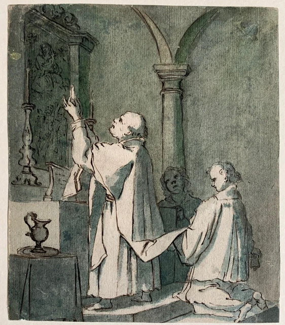 OLD MASTER CIRCA 1670 Original Ink Wash Drawing Priest Celebrating the ...