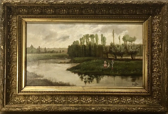 TABLEAU PEINTURE CADRE 19è XIXè Sarda Paysage animé rivière Bois doré ...