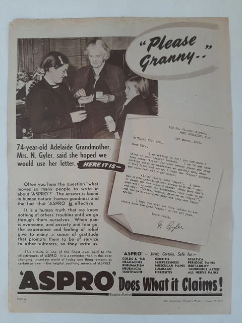 VINTAGE AUSTRALIAN ADVERTISING 1952 ad ASPRO PAIN RELIEF TABLETS Granny ...