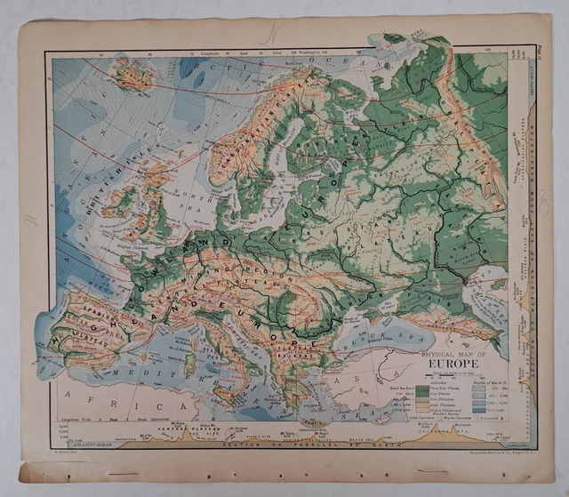 ANTIQUE 1887 MAP, Physical Map of Europe, Rare Chromolithograph £14.56 ...