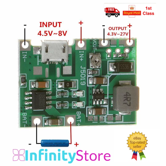 BATTERY CHARGER BOARD 18650 Lithium Li-ion 3.7V 4.2V Step Up Boost ...