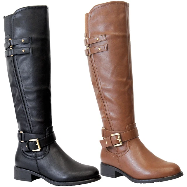 LADIES FAUX LEATHER Knee High Boots Women Flat Heels Long Riding Calf ...