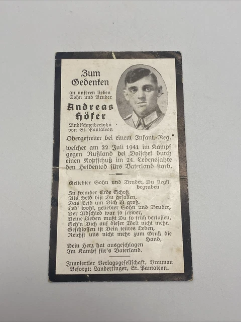 WW2 GERMAN DEATH Card Army Infantryman KIA 22/07/1941 Russia £8.50 ...