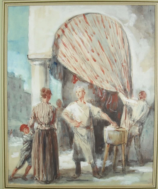 CHARLES HUARD LE boucher scène de boucherie aquarelle butcher shop ...