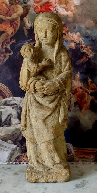 STATUE SAINTE VIERGE Marie Et Enfant Jesus En Pierre Style Roman Virgin ...