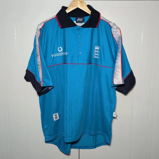 MEN'S ASICS ENGLAND Cricket 1998/1999 Polo Shirt Signed Vodafone Blue ...