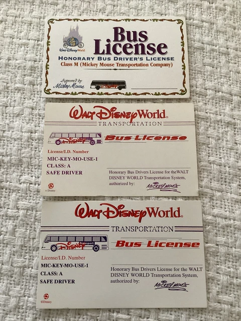 VINTAGE WALT DISNEY WORLD TRANSPORTATION BUS LICENSE CARDS 3 Designs ...