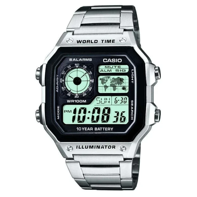 CASIO WATCH DIGITAL World Time Illuminator Silver, AE-1200WHD-1AVDF £55 ...