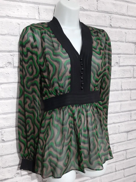 JAEGER 100% SILK Forest Green Wavy Print Long Sleeve V Neck Empire Top ...