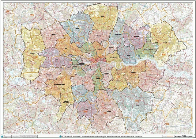 GREATER LONDON AUTHORITY Boroughs with Postcode Districts Wall Map - Plastic £52.82 - PicClick UK
