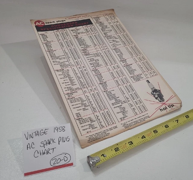 AC SPARK PLUG Chart 1958 Vtg. 1940's-1950's Car Truck Ford Chevrolet ...