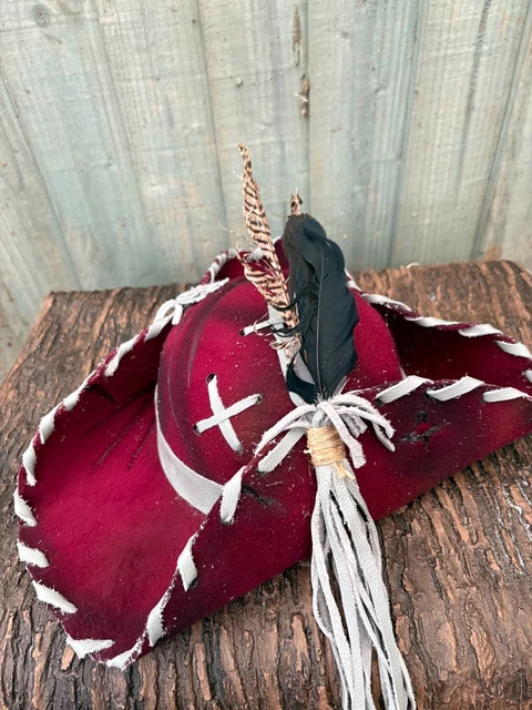UNISEX RED DISTRESSED Tricorn Pirate Hat Renaissance Leather Feather ...