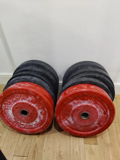 MIRAFIT BLACK OLYMPIC RUBBER BUMPER PLATES 140kg set and BONUS pair of ...