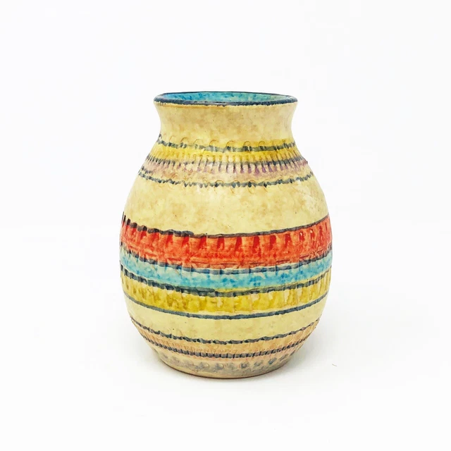 VINTAGE ITALIAN ART Pottery Vase Incised Design Multicoloured Stripes ...