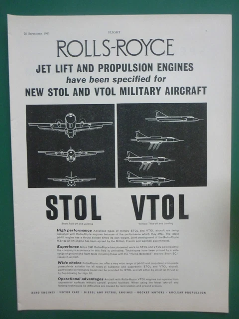 9/1961 PUB ROLLS-ROYCE Vtol Stol Propulsion Aero Engine Original Ad £10 ...