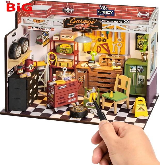 DIY MINIATURE HOUSE Kit Garage Workshop with Light, Wooden Dollhouse ...