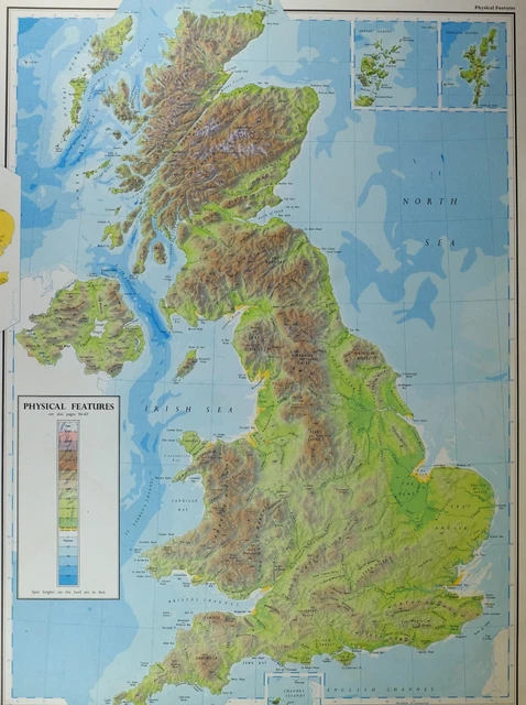 VINTAGE LARGE MAP of BRITAIN PHYSICAL FEATURES YORKSHIRE DALES LAND ...