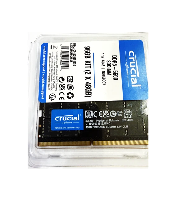 CRUCIAL 96GB DDR5 5600 MHz RAM (48x2) SODIMM PC544800 262-Pin Laptop ...