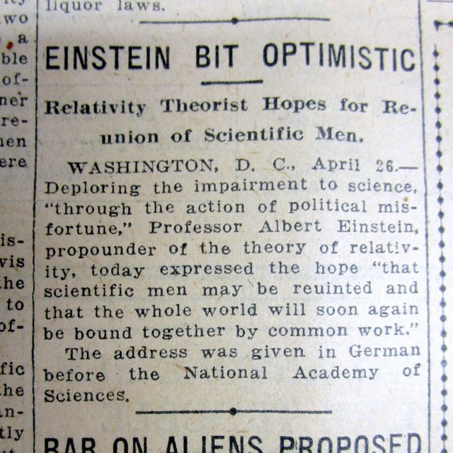 PERIÓDICO DE 1921 con muy temprana declaración de Albert Einstein sobre ...