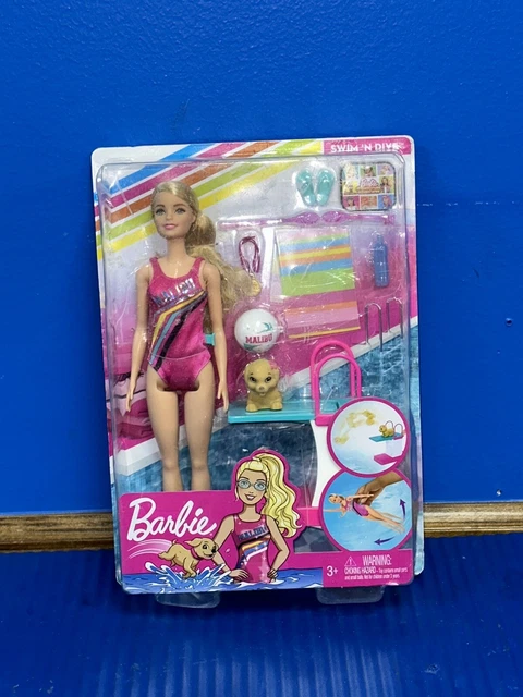 BARBIE DREAMHOUSE ADVENTURES Swim Dive Doll Malibu Puppy Volleyball ...